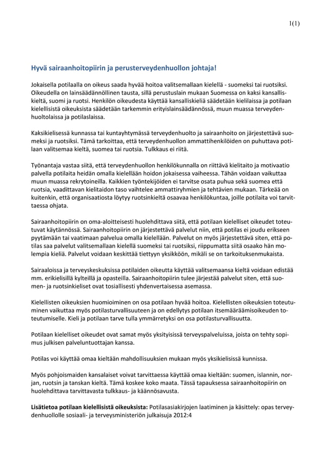 Potilaan kielelliset oikeudet terveydenhuollossa vi 2018 | PDF