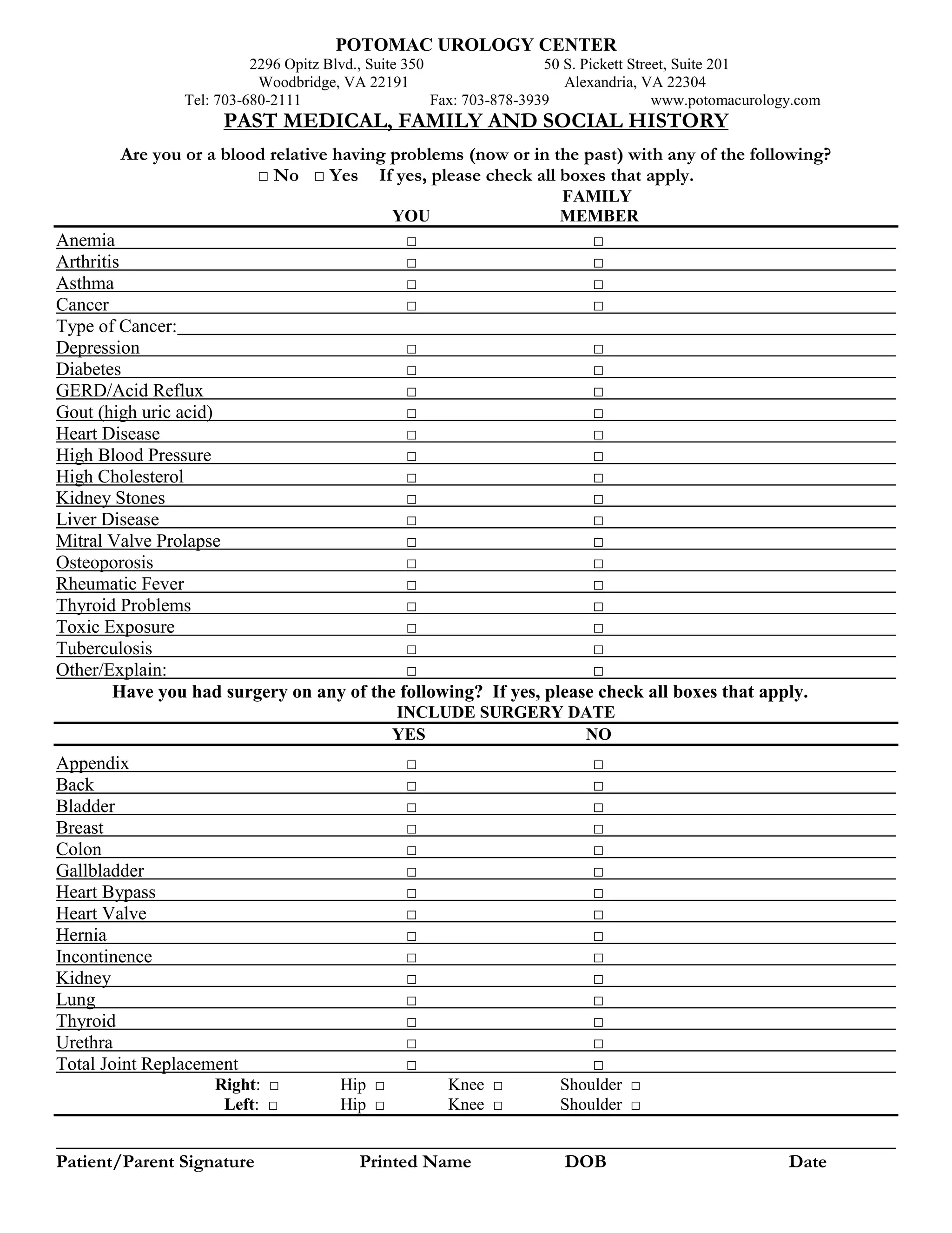 Potomac urology center patient registration form | PDF