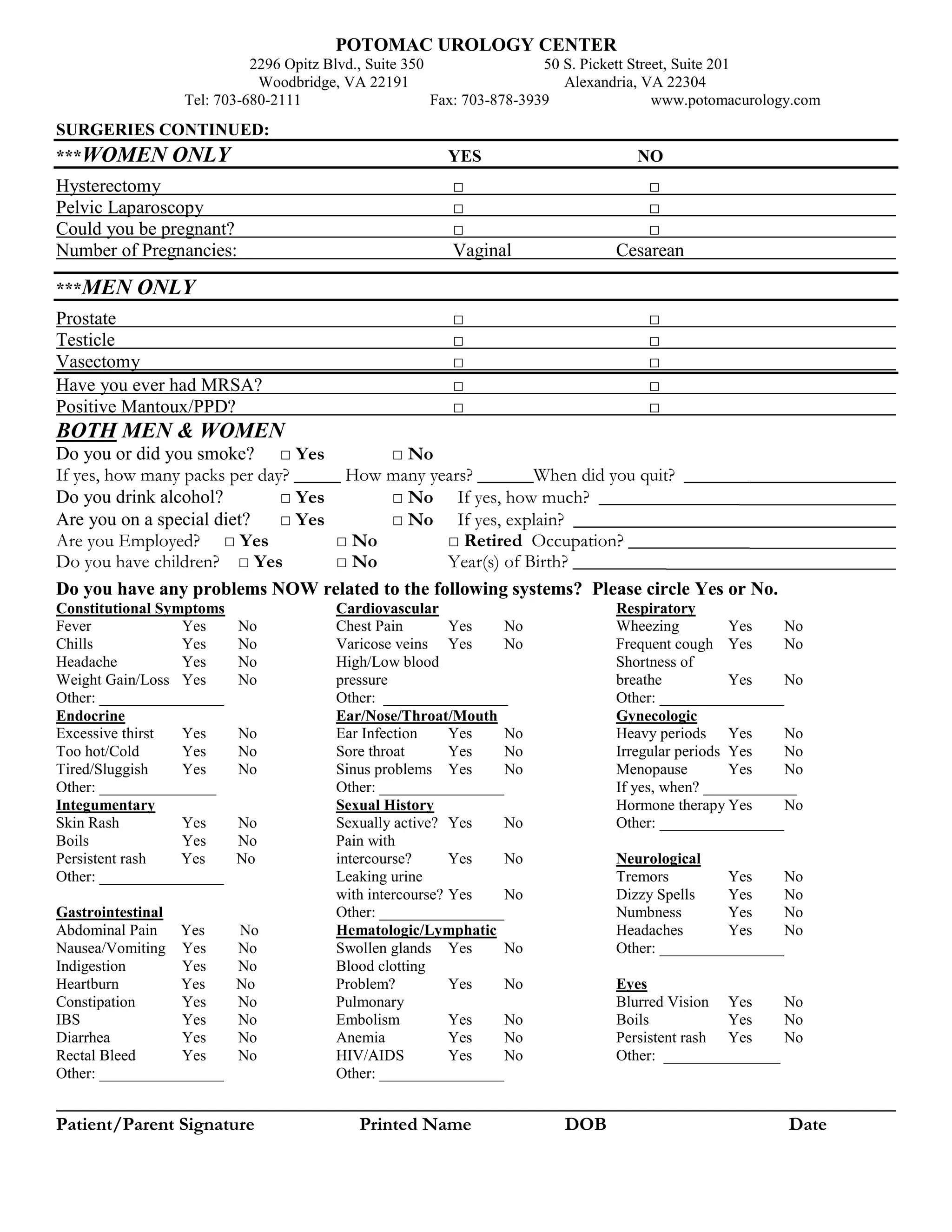 Potomac urology center patient registration form | PDF