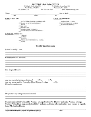 Potomac urology center patient registration form | PDF