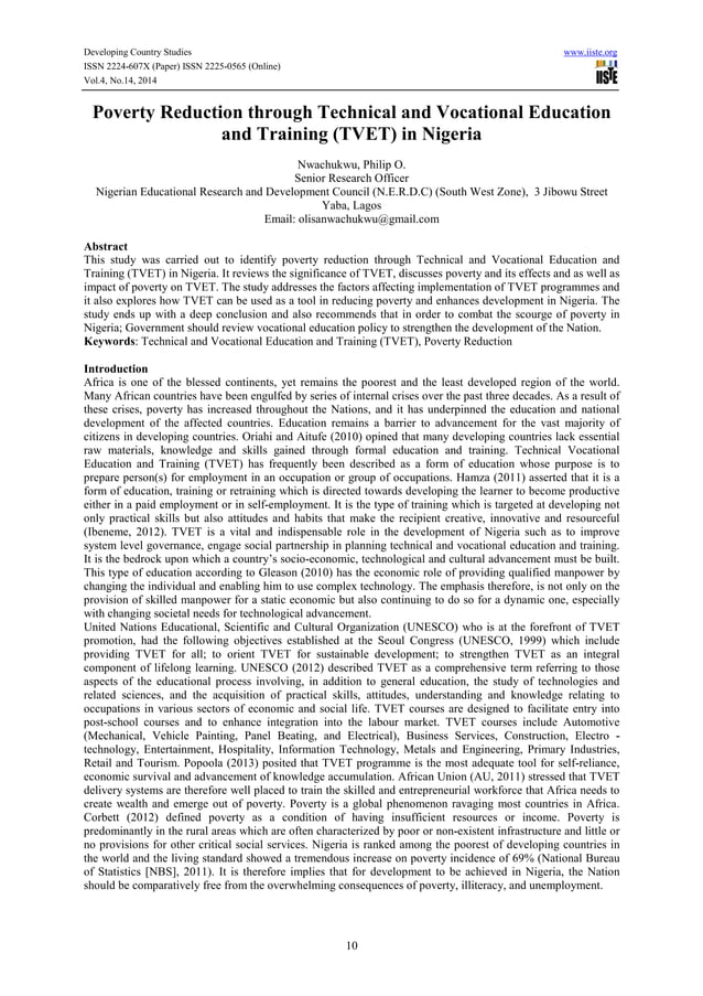 Poverty reduction through technical and vocational education and training (tvet) in nigeria | PDF