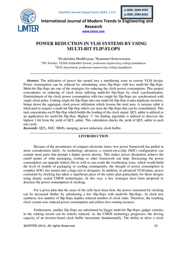 POWER REDUCTION IN VLSI SYSTEMS BY USING MULTI-BIT FLIP-FLOPS | PDF