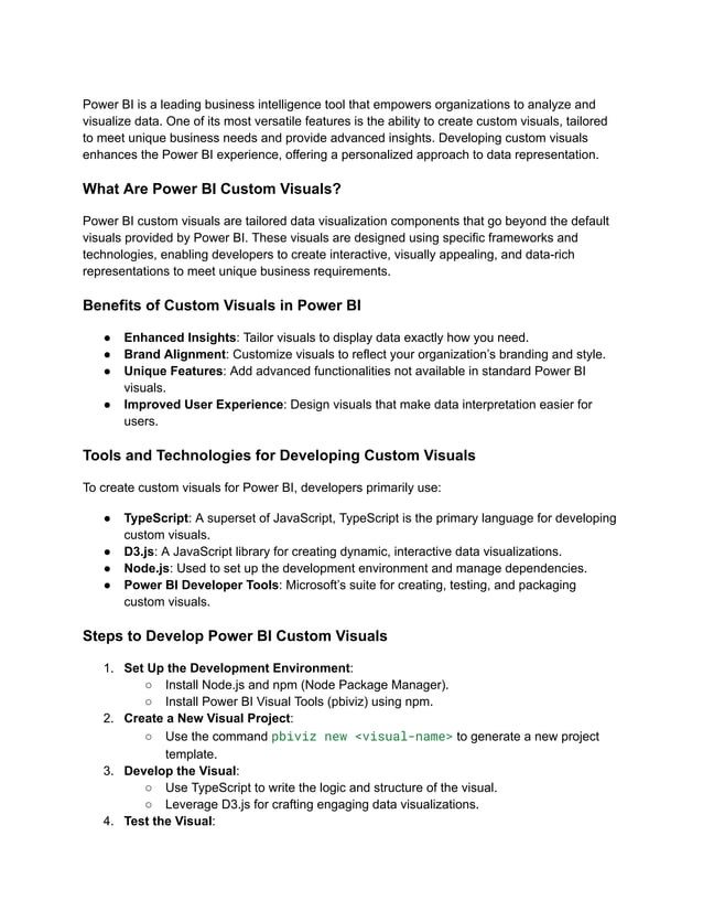Power BI Custom Visuals Development- Create Tailored Data Visualizations | PDF
