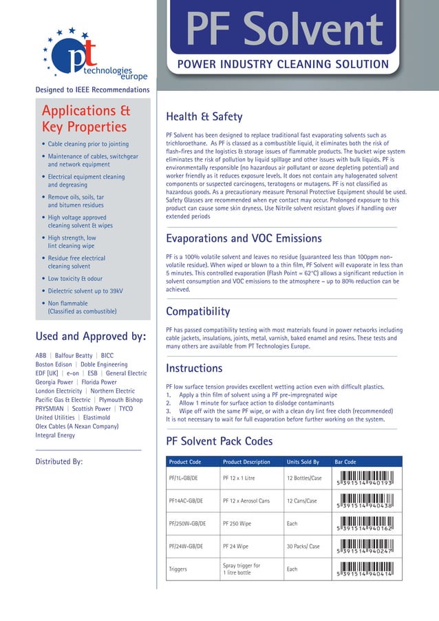 Power Cable Cleaning & Cable Jointing Wipes - PT PF Solvent | PDF