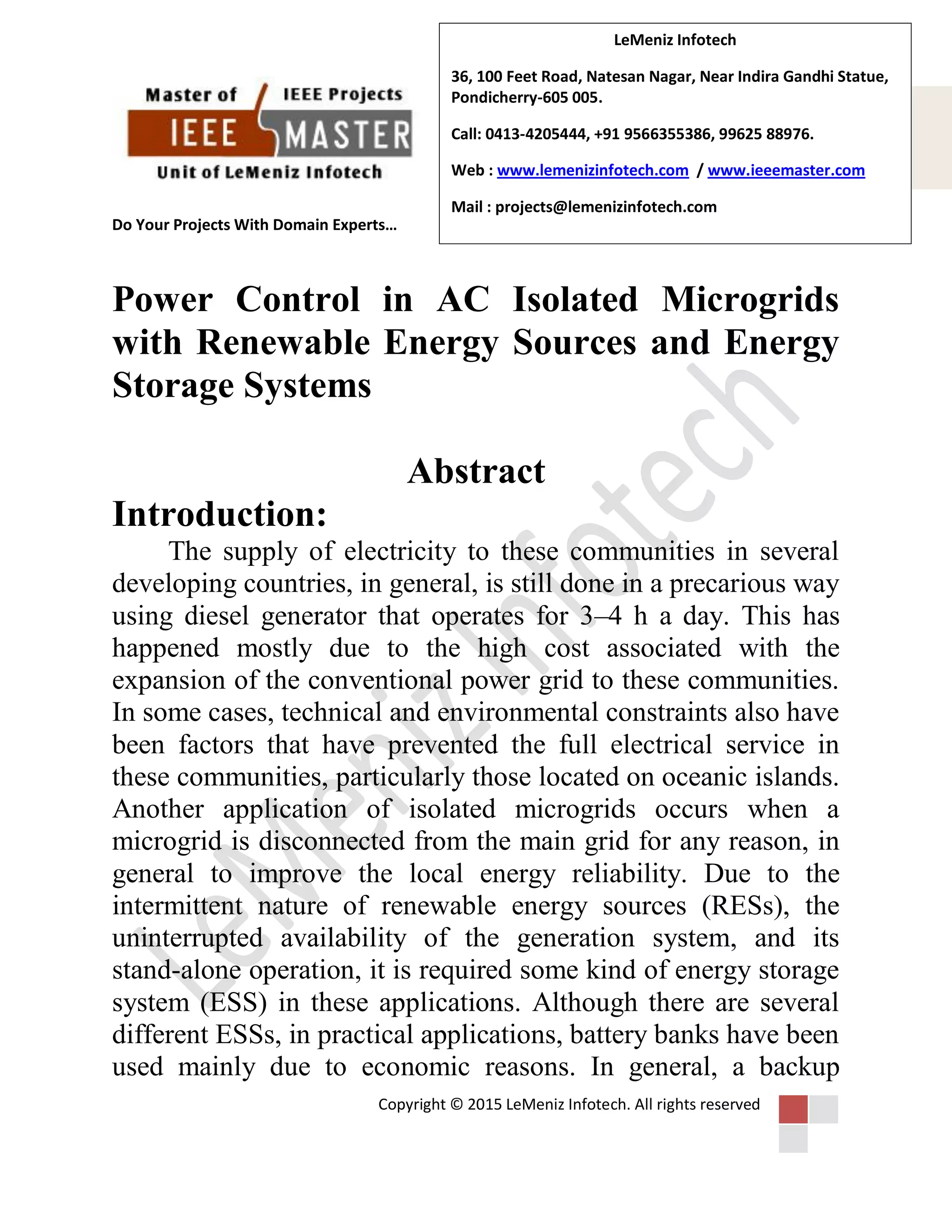 Power Control In Ac Isolated Microgrids With Renewable Energy Sources