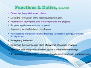 Power duties functions ra 7160 sec 465 468 467 local government code | PPT