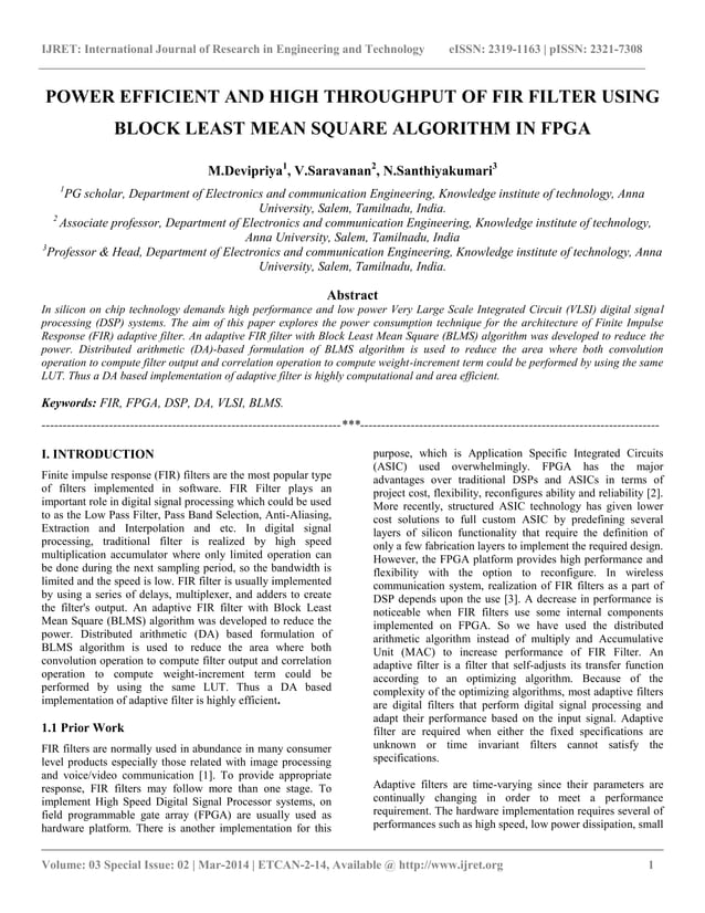 Power efficient and high throughput of fir filter using block least mean square algorithm in ...