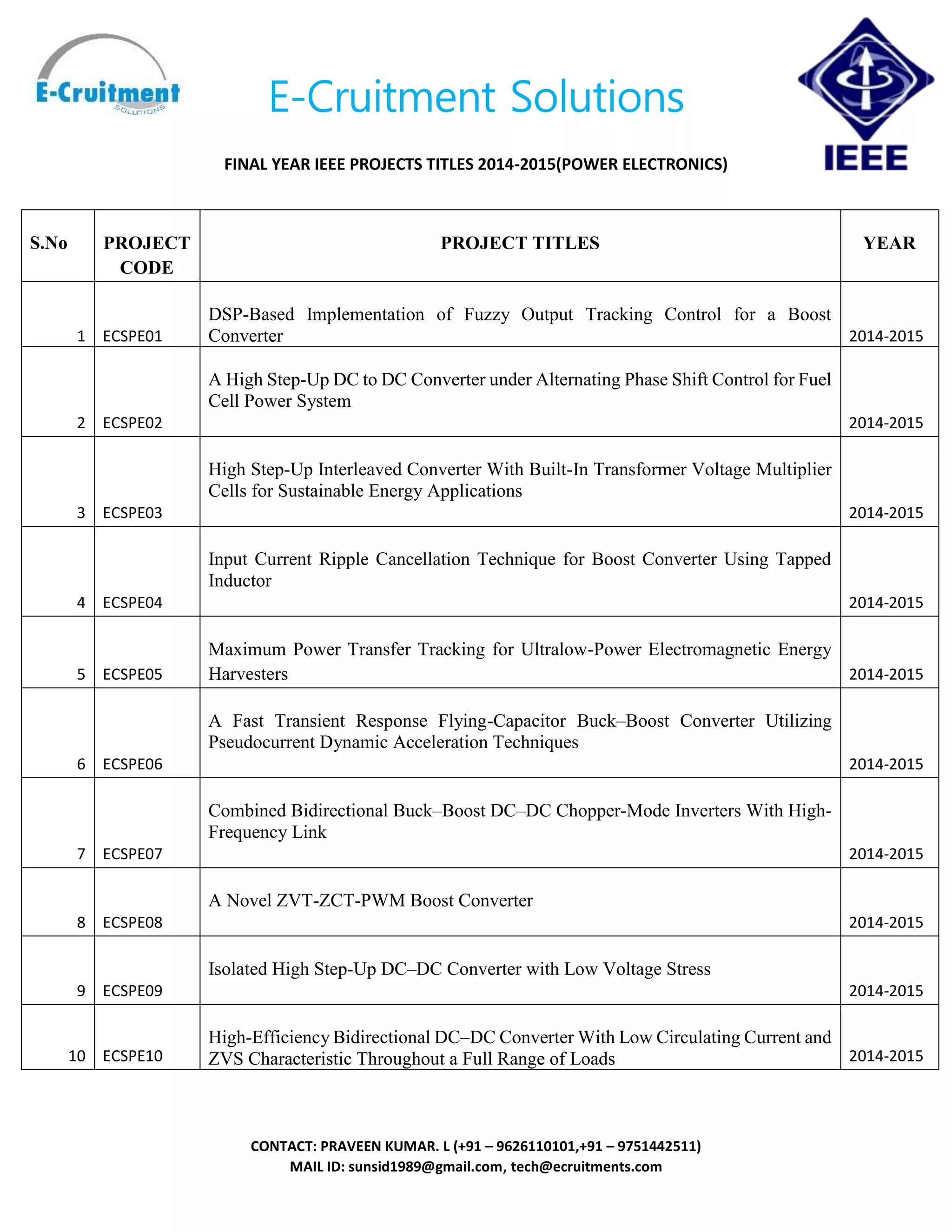 BULK IEEE 2014-15 PROJECTS LIST FOR POWER ELECTRONICS | DOCX