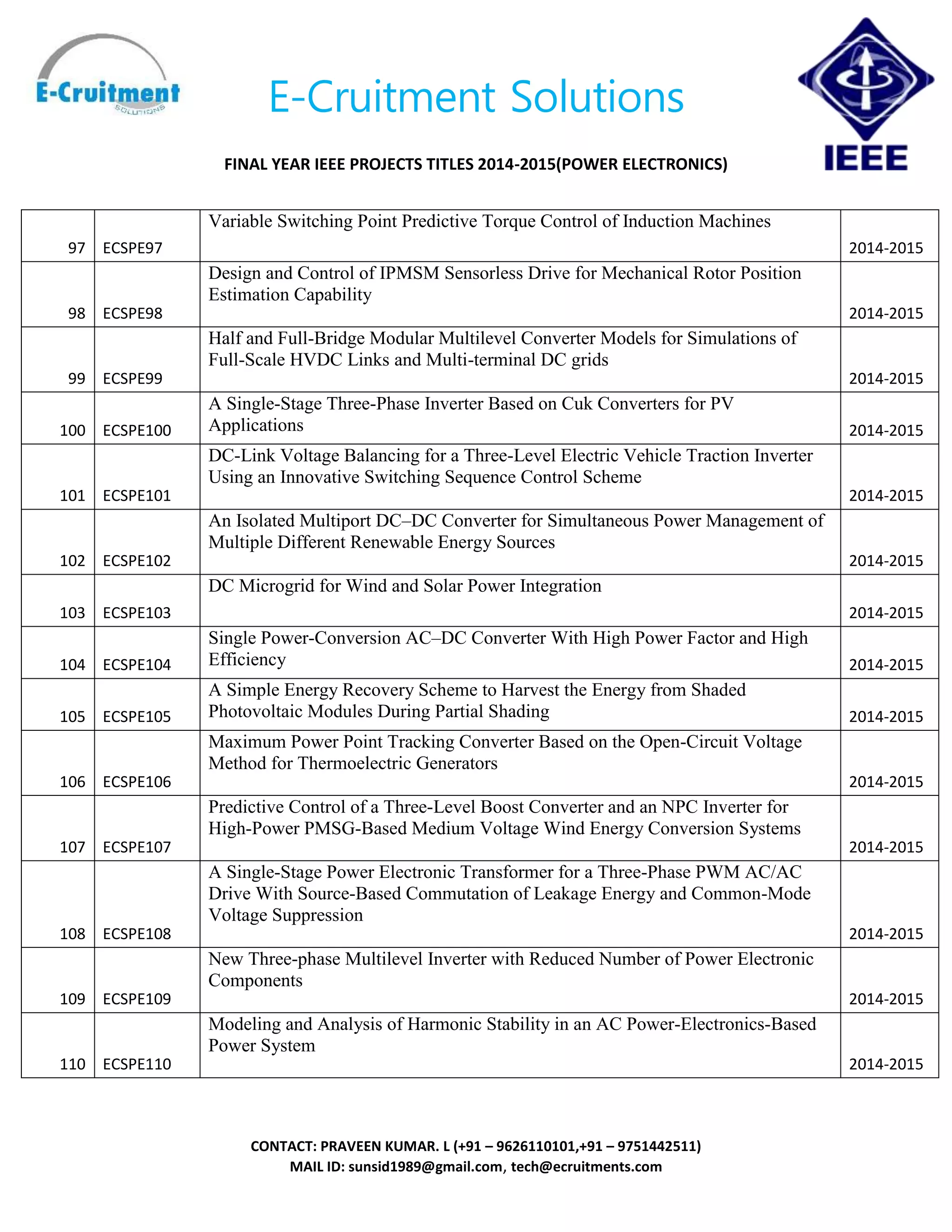BULK IEEE 2014-15 PROJECTS LIST FOR POWER ELECTRONICS | DOCX