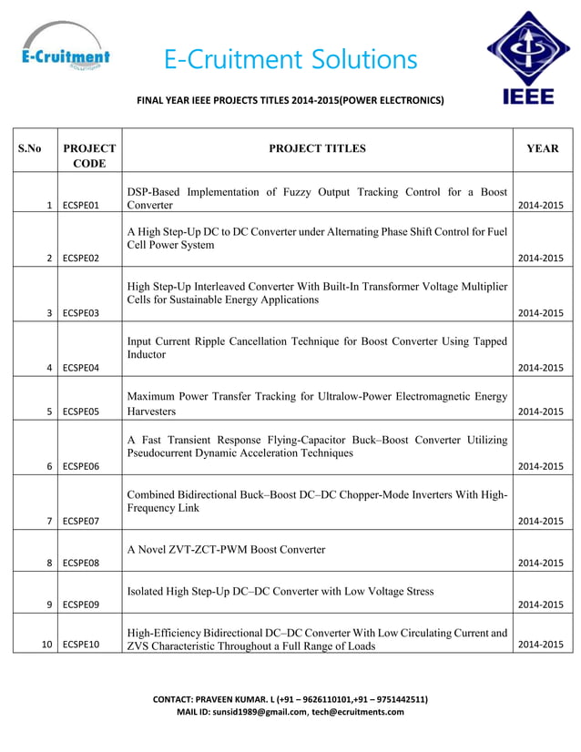 BULK IEEE 2014-15 PROJECTS LIST FOR POWER ELECTRONICS | DOCX