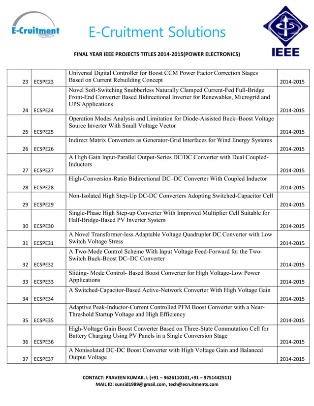 BULK IEEE 2014-15 PROJECTS LIST FOR POWER ELECTRONICS | DOCX