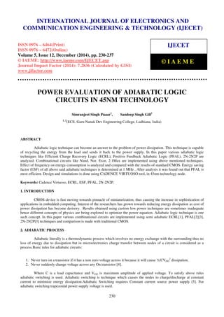 Power evaluation of adiabatic logic circuits in 45 nm technology | PDF | Physics | Science
