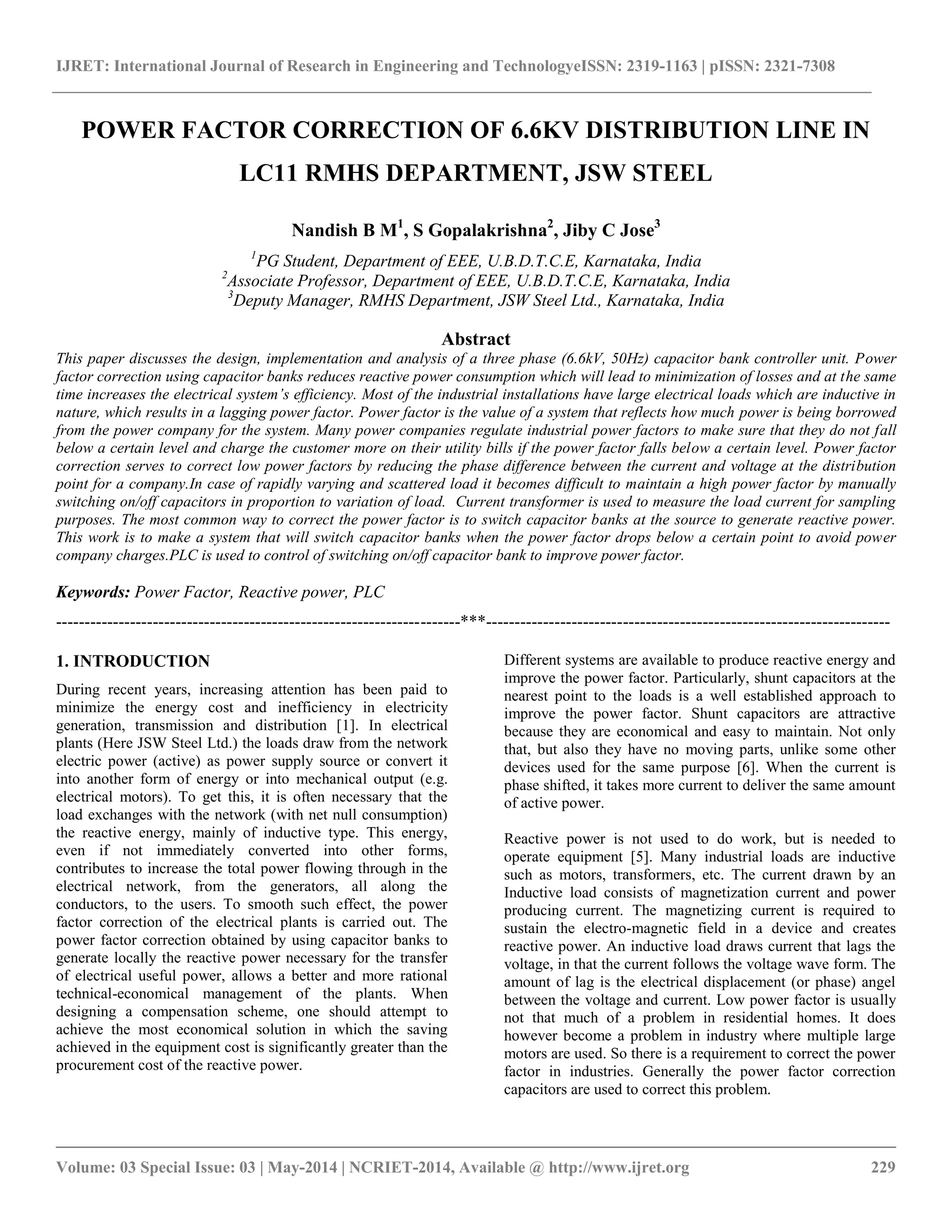 Power factor correction of 6.6 kv distribution line in lc11 rmhs department, jsw steel | PDF