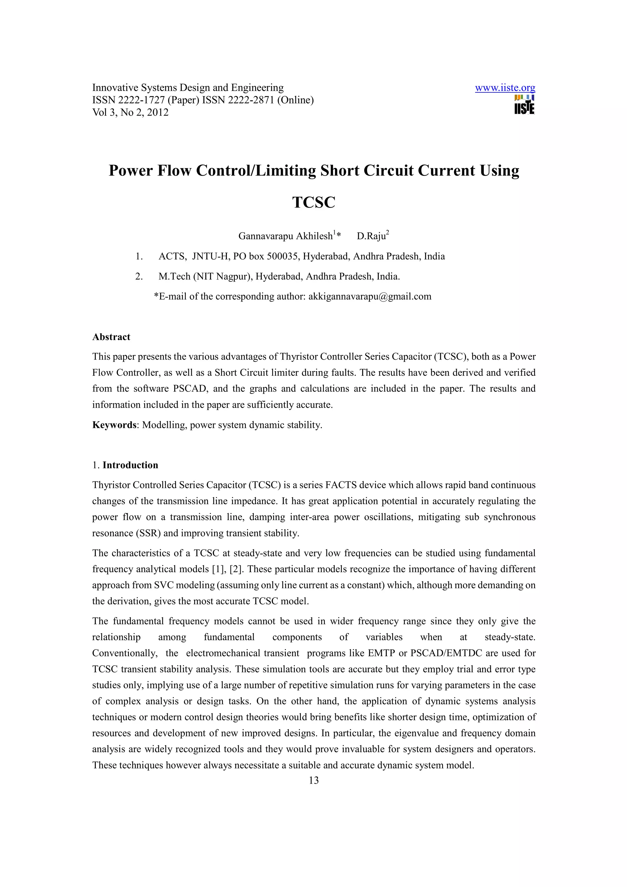 Power Flow Control Limiting Short Circuit Current Using Tcsc Pdf