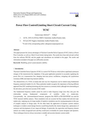 Power flow control limiting short circuit current using tcsc | PDF