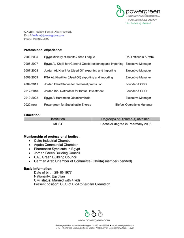 Powergreen Ibrahim Farouk's CV Biodiesel operation manager 2022 | PDF
