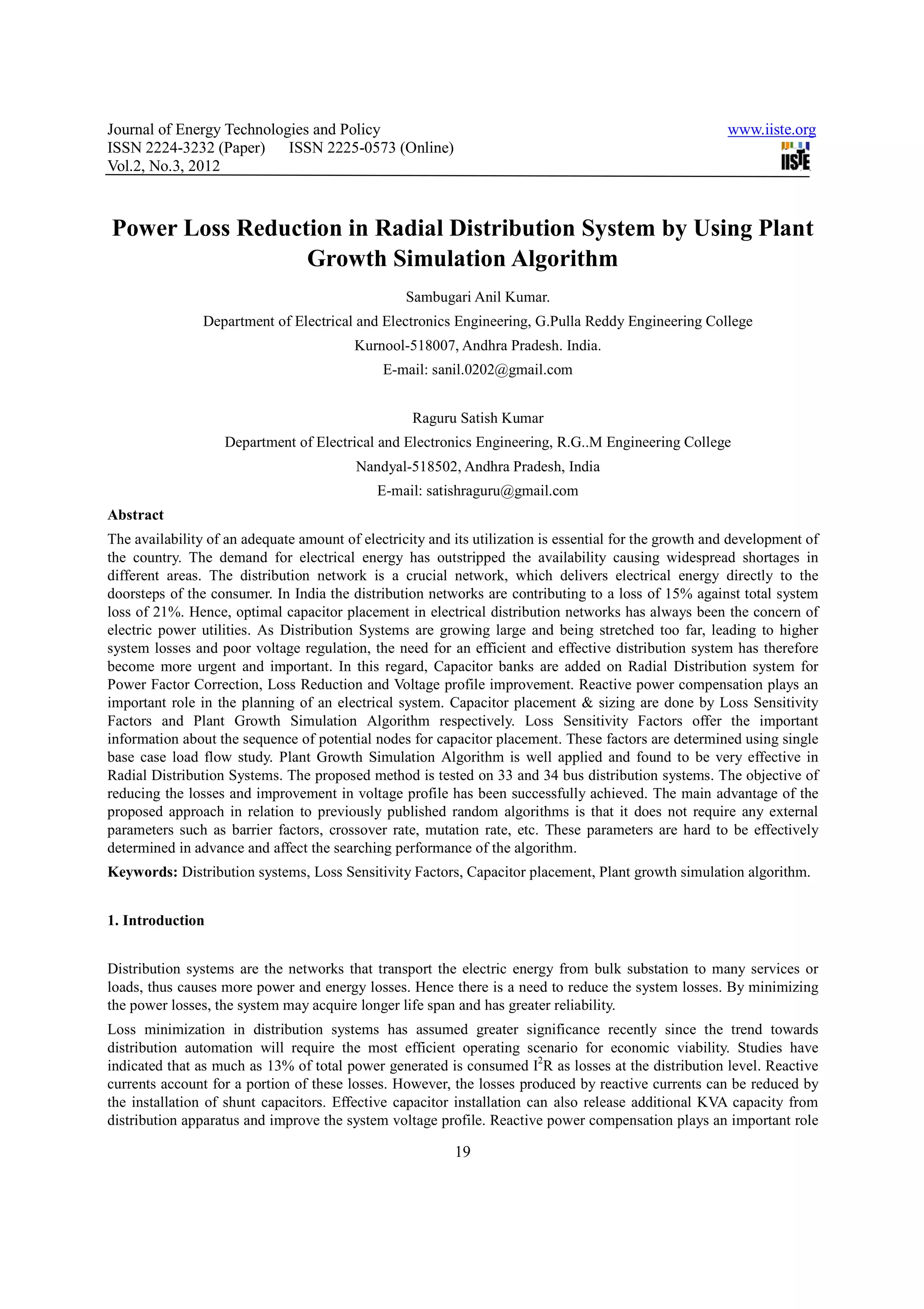 Power Loss Reduction In Radial Distribution System By Using Plant Growth Simulation Algorithm Pdf