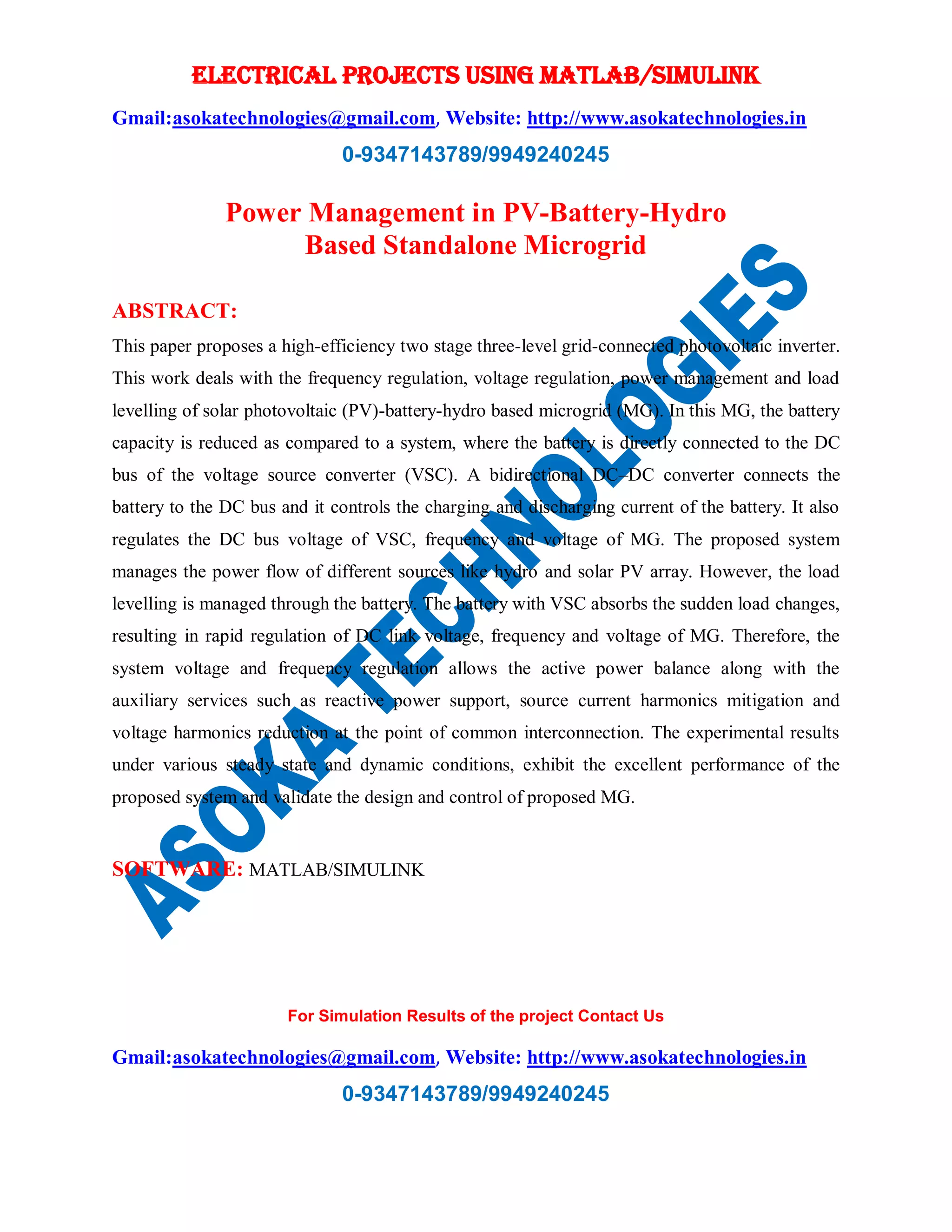 Power Management in PV-Battery-Hydro Based Standalone Microgrid | PDF