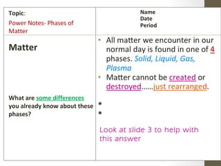 Power Notes Phase Changes of Matter | PPT
