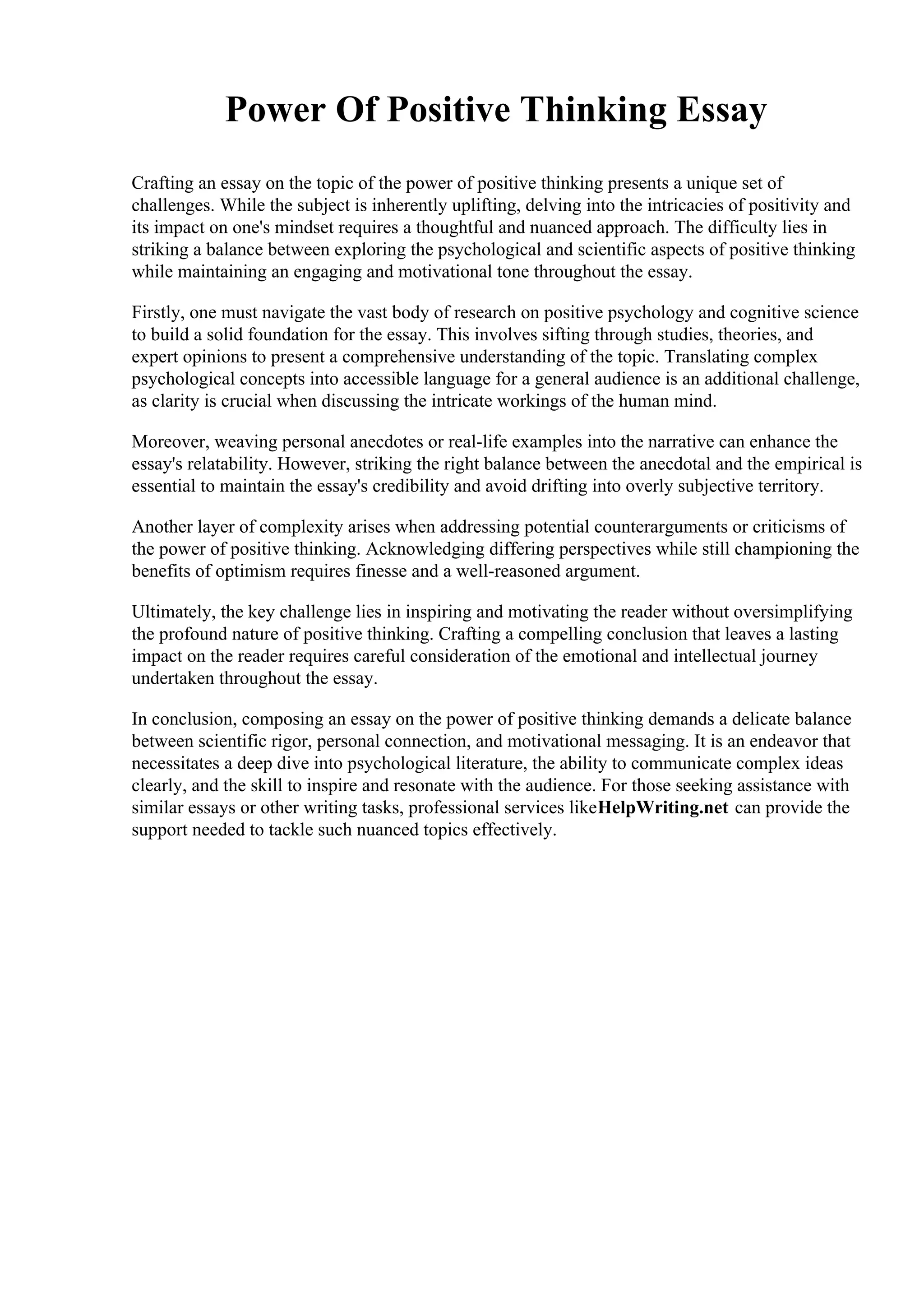 Power Of Positive Thinking Essay | PDF