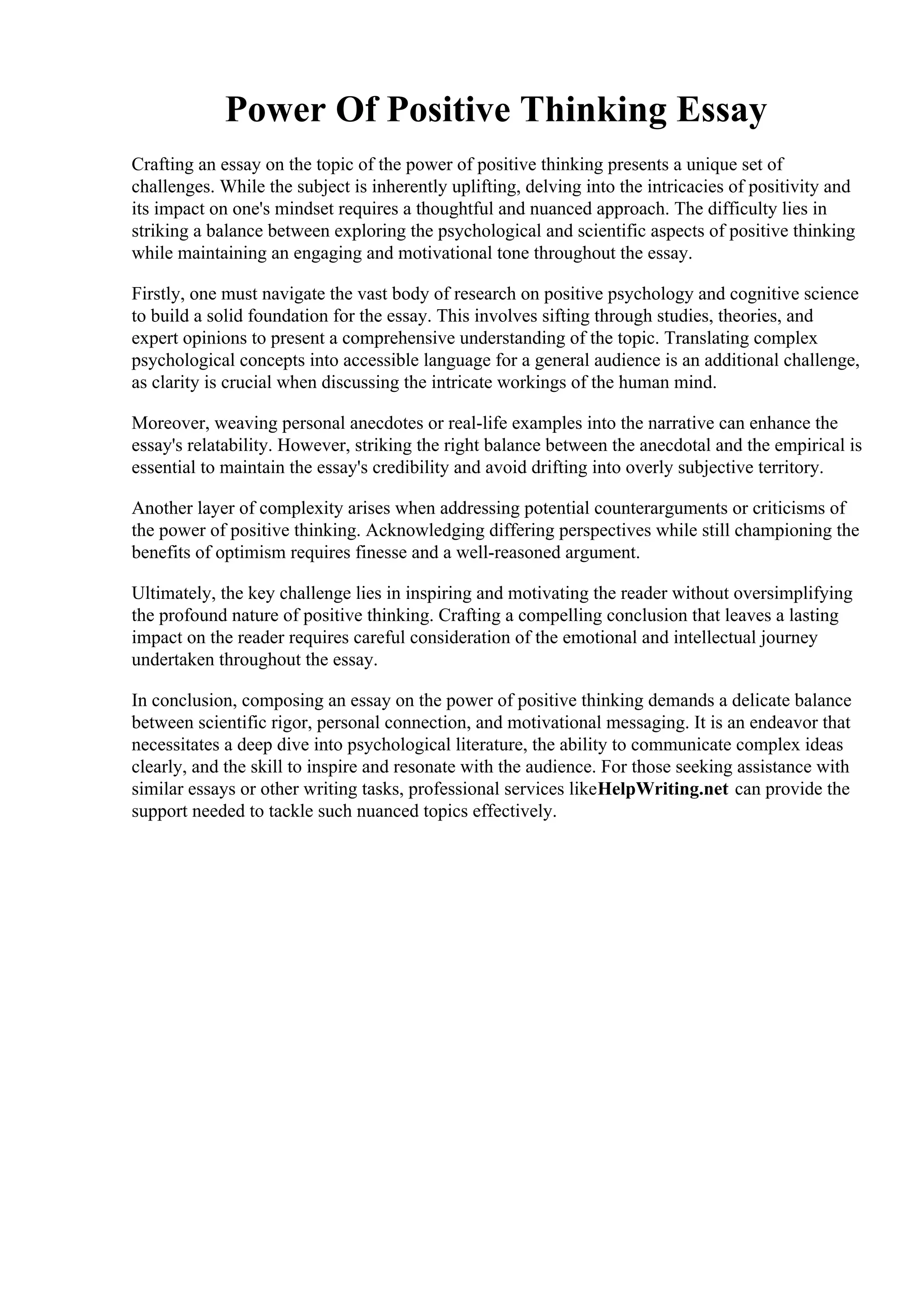 Power Of Positive Thinking Essay. The Power Of Positive Thinking ...