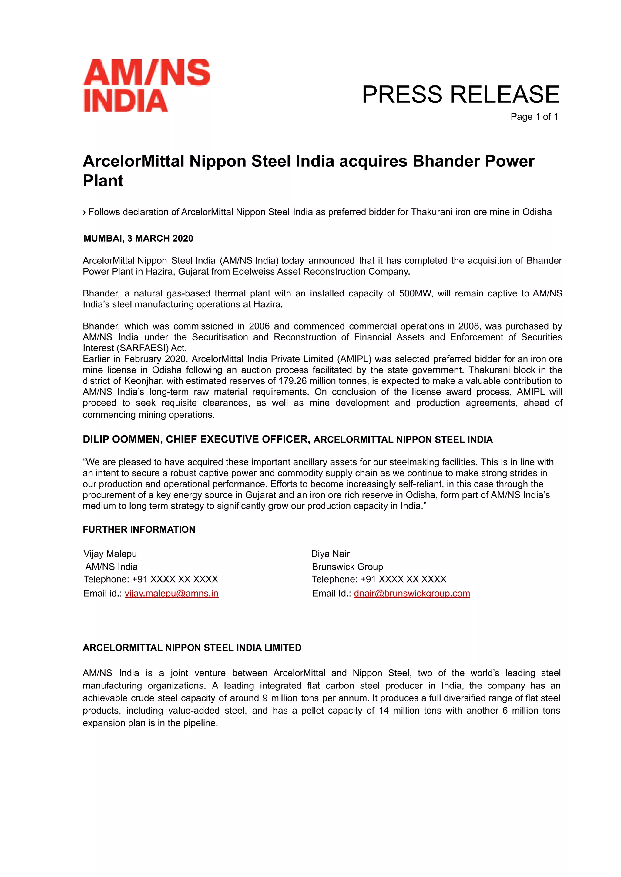 ArcelorMittal Nippon Steel India acquires Bhander Power Plant | PDF