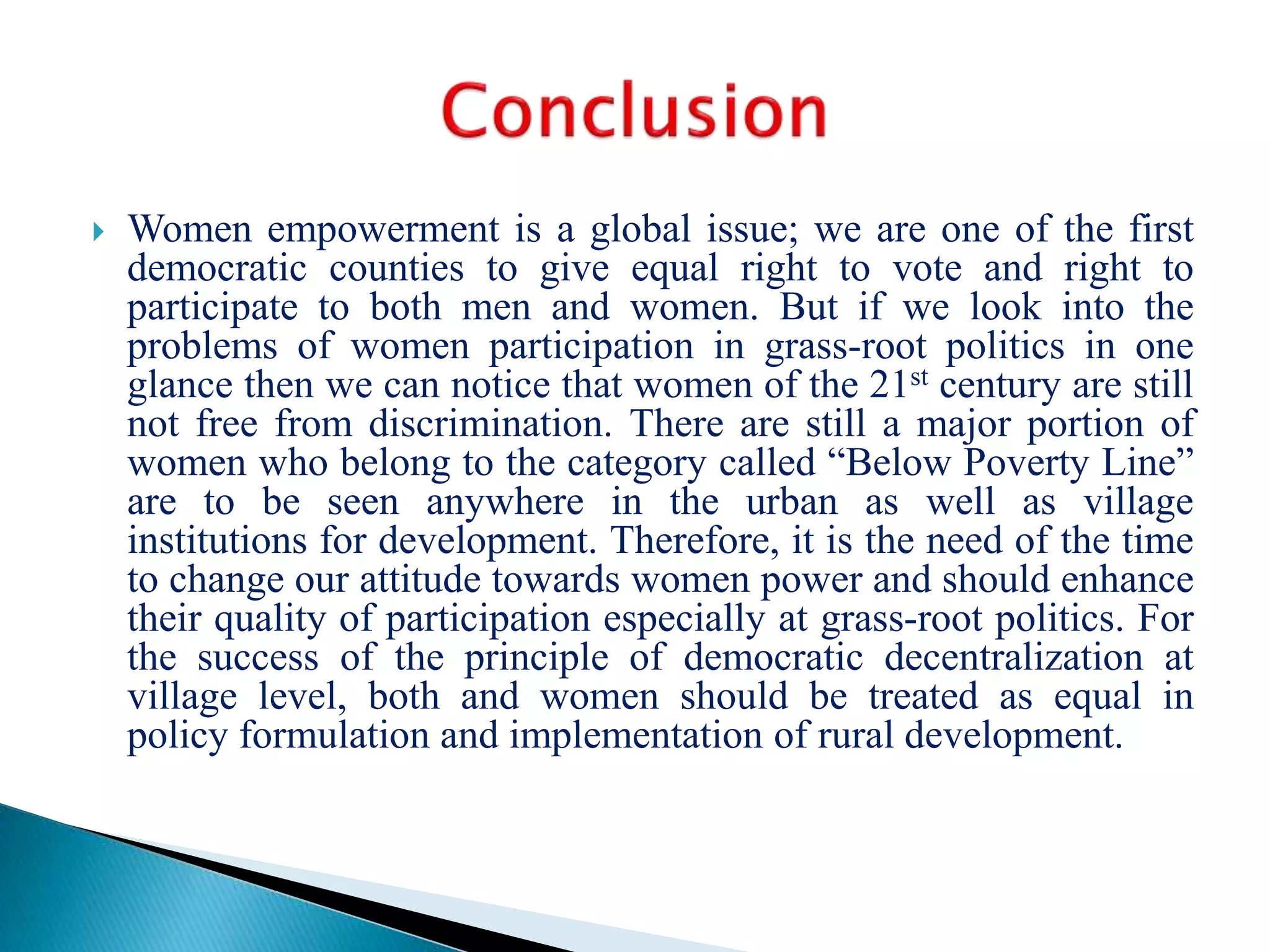 WOMEN PARTICIPATION AT GRASS-ROOT POLITICS IN BTAD | PPTX