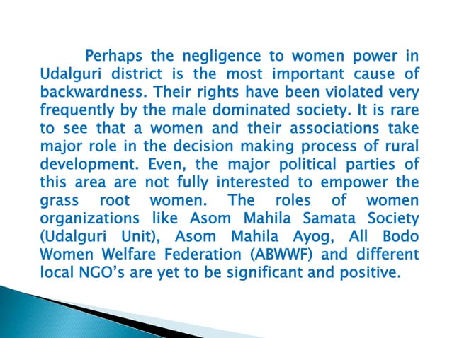 WOMEN PARTICIPATION AT GRASS-ROOT POLITICS IN BTAD | PPTX | Civic affairs | Politics