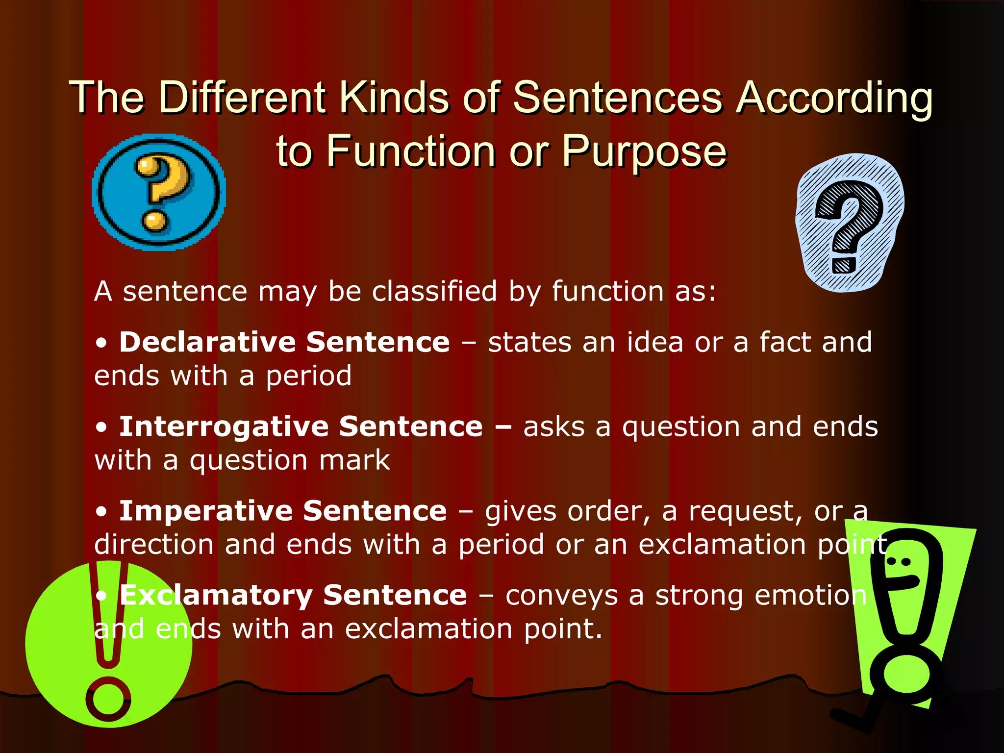 Different Kinds of Sentences according to Function and Purpose | PPT