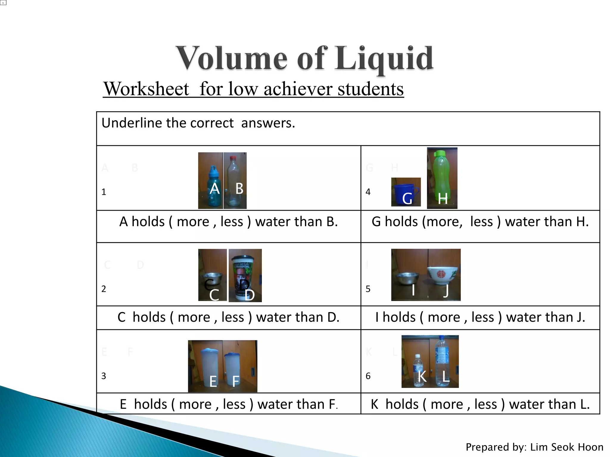 Power point for teaching aids comparing and measuring volumes of liquid ...
