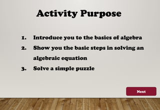Sabina PowerPoint Introduction to Algebra | PPSX