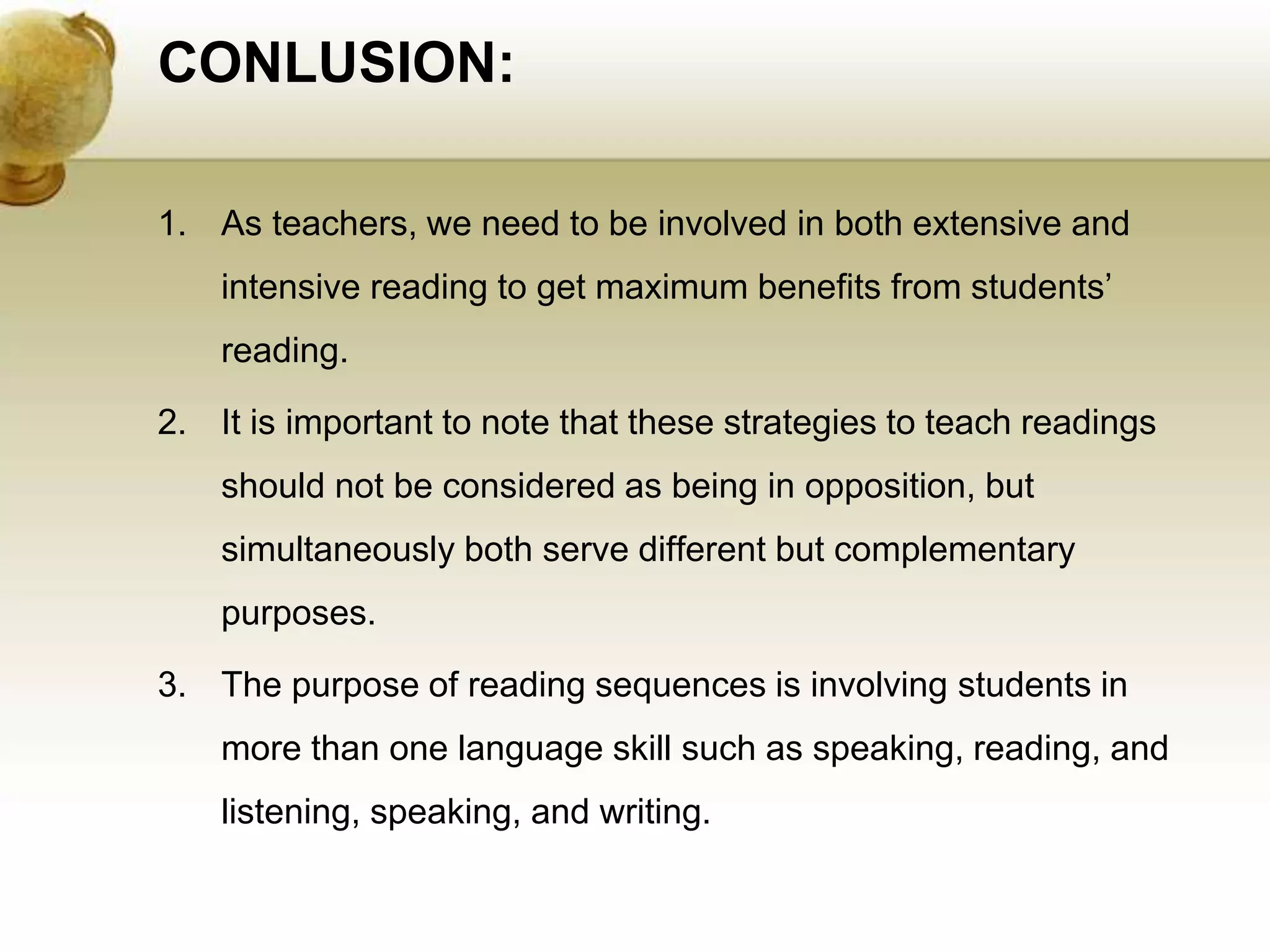 Teaching Reading Extensive vs intensive reading, and reading sequence | PPTX