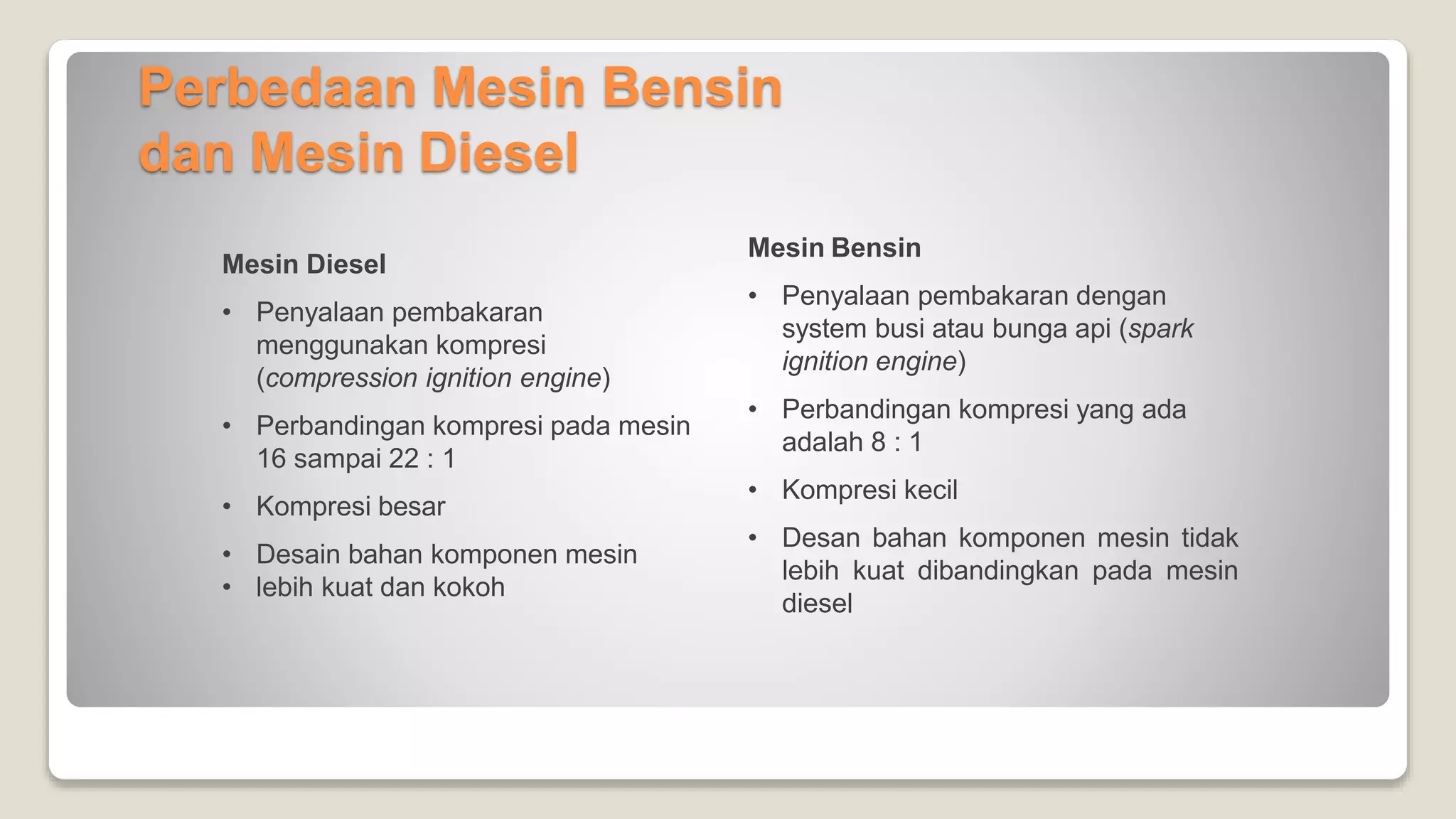 perbedaan mesin bensin dan mesin diesel | PPTX