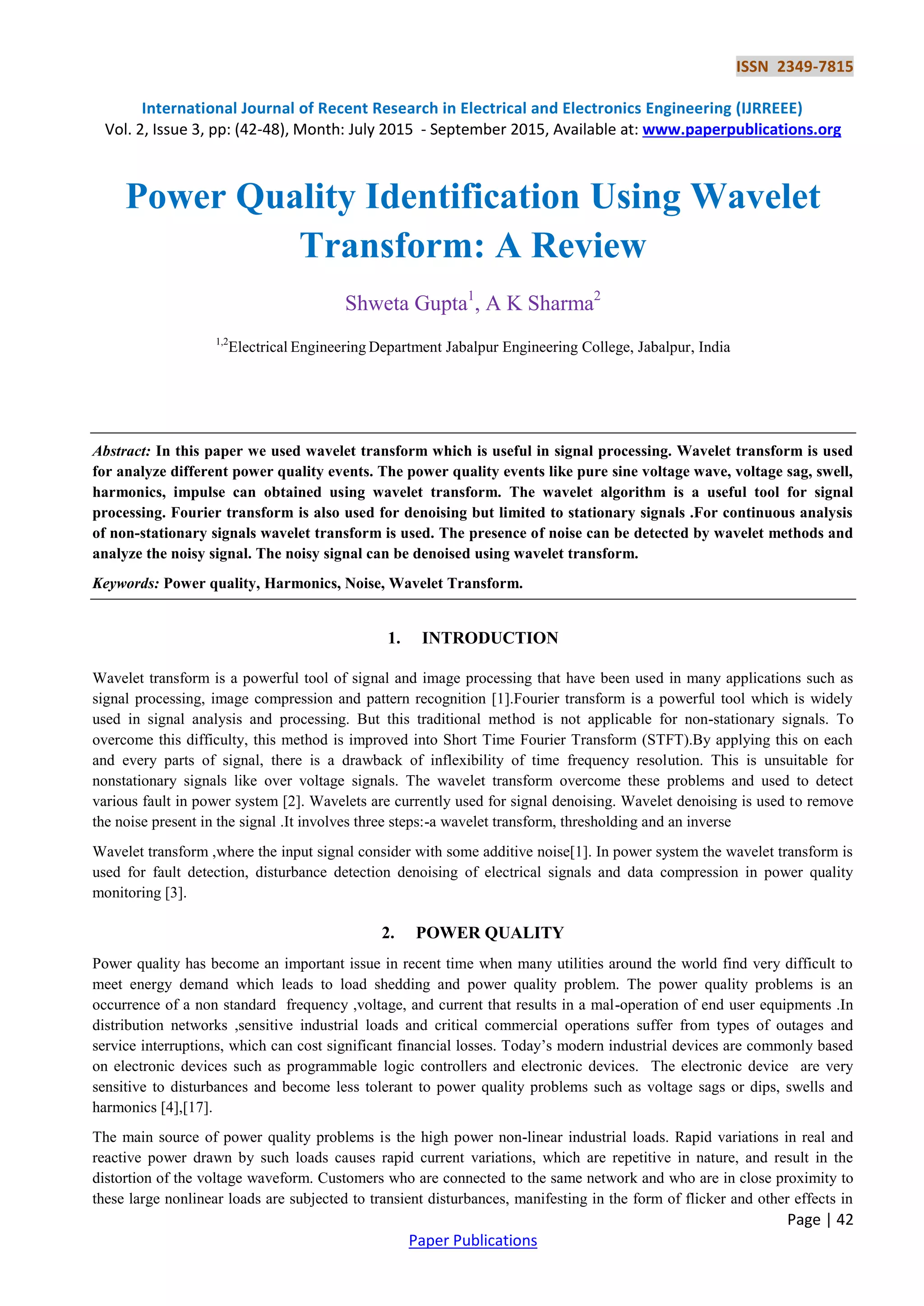 Power Quality Identification Using Wavelet Transform: A Review | PDF | Physics | Science