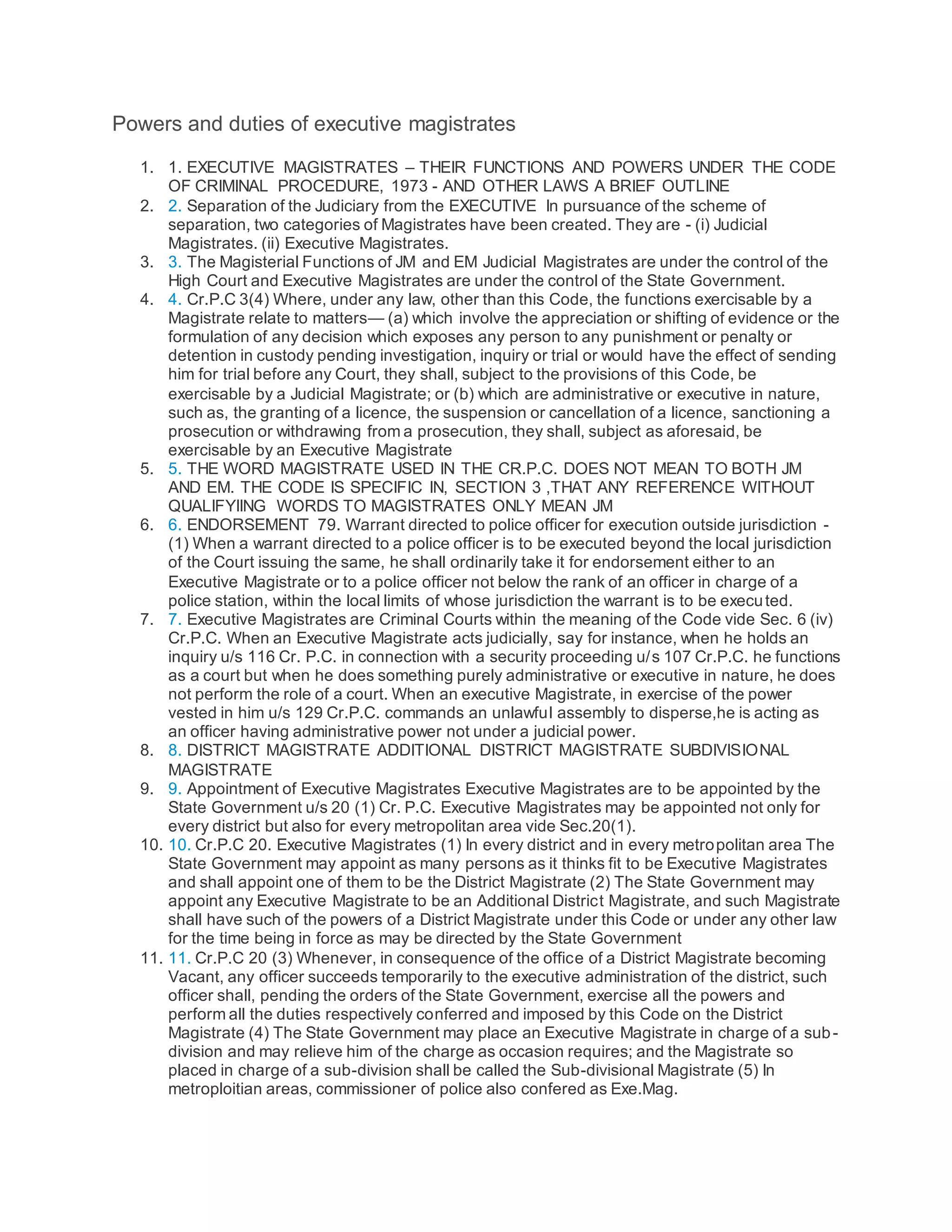 Powers and duties of executive magistrates | DOCX