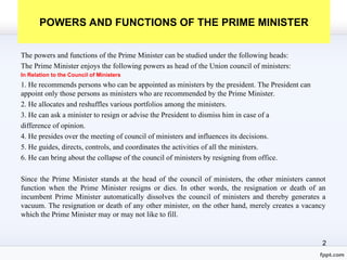 POWERS FUNCTION OF PM and their special powers | PPT