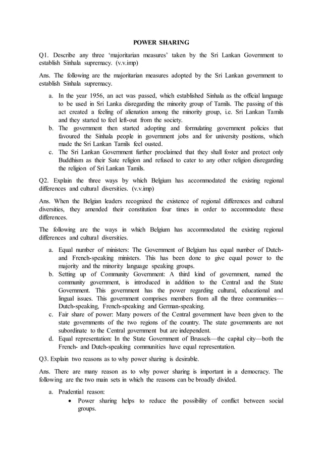 Power sharing class 10 notes | DOCX | Civic affairs | Politics