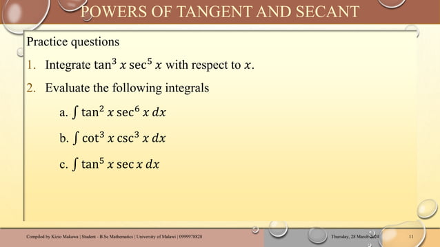 Integrals involving powers of tan and trig substitution.pptx