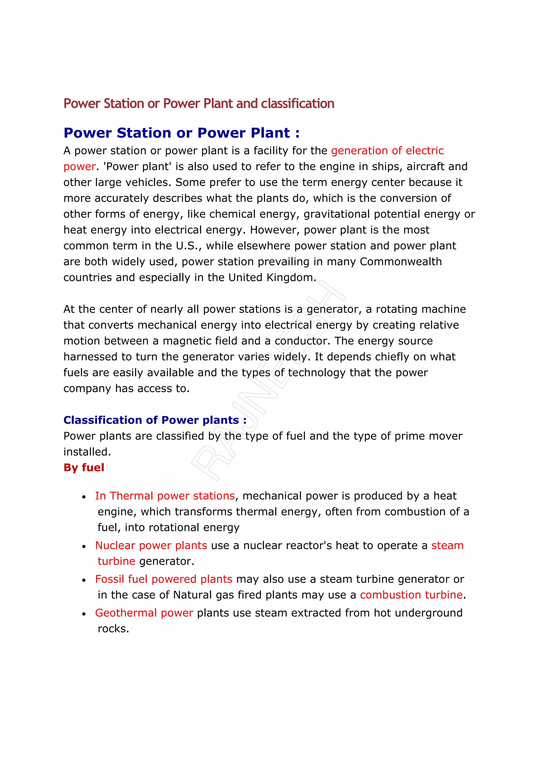 Power station or power plant and classification | PDF