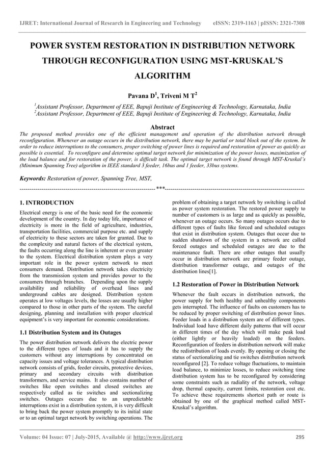 Power system restoration in distribution network through reconfiguration using mst kruskal’s ...