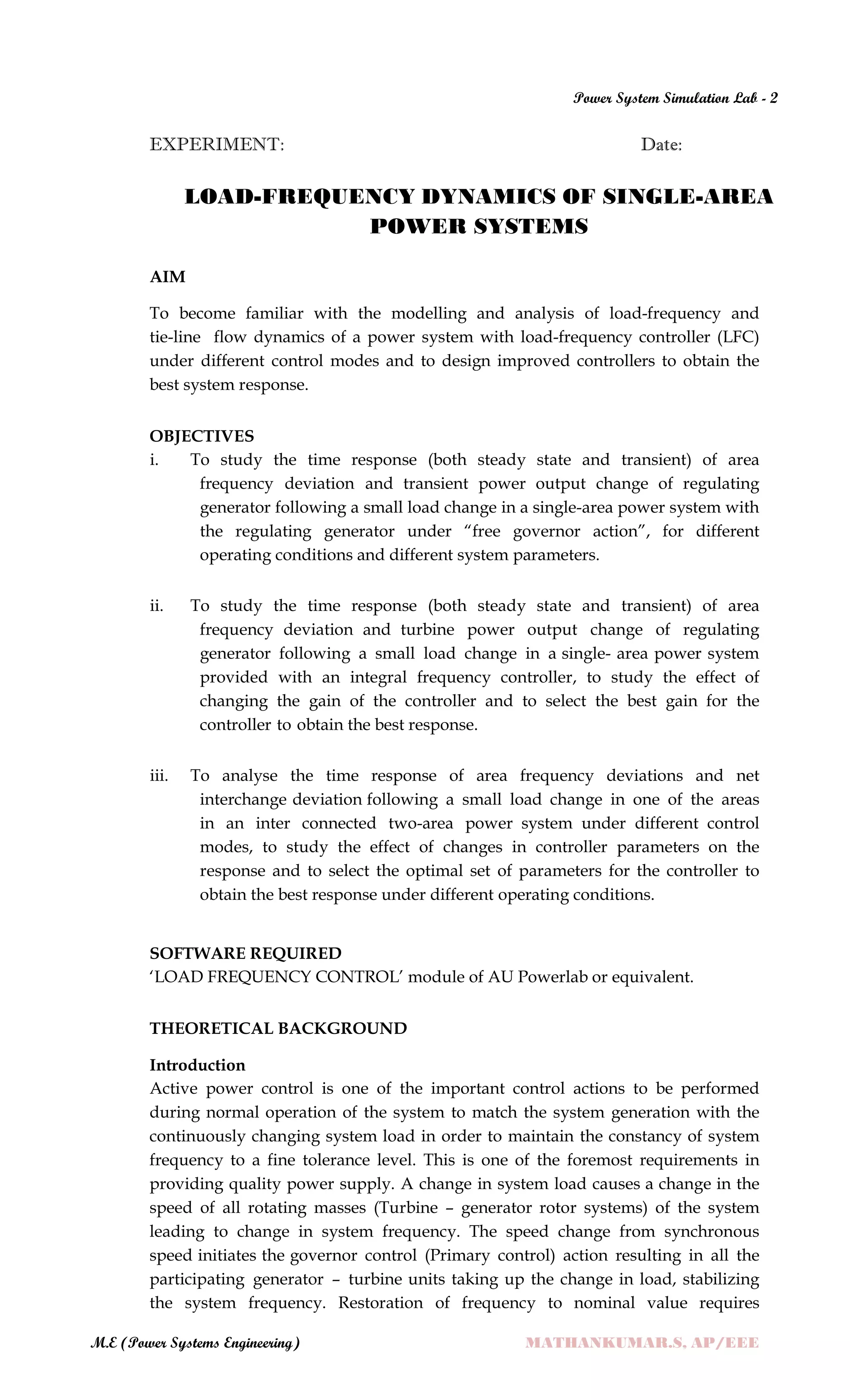 POWER SYSTEM SIMULATION - 2 LAB MANUAL (ELECTRICAL ENGINEERING - POWER ...