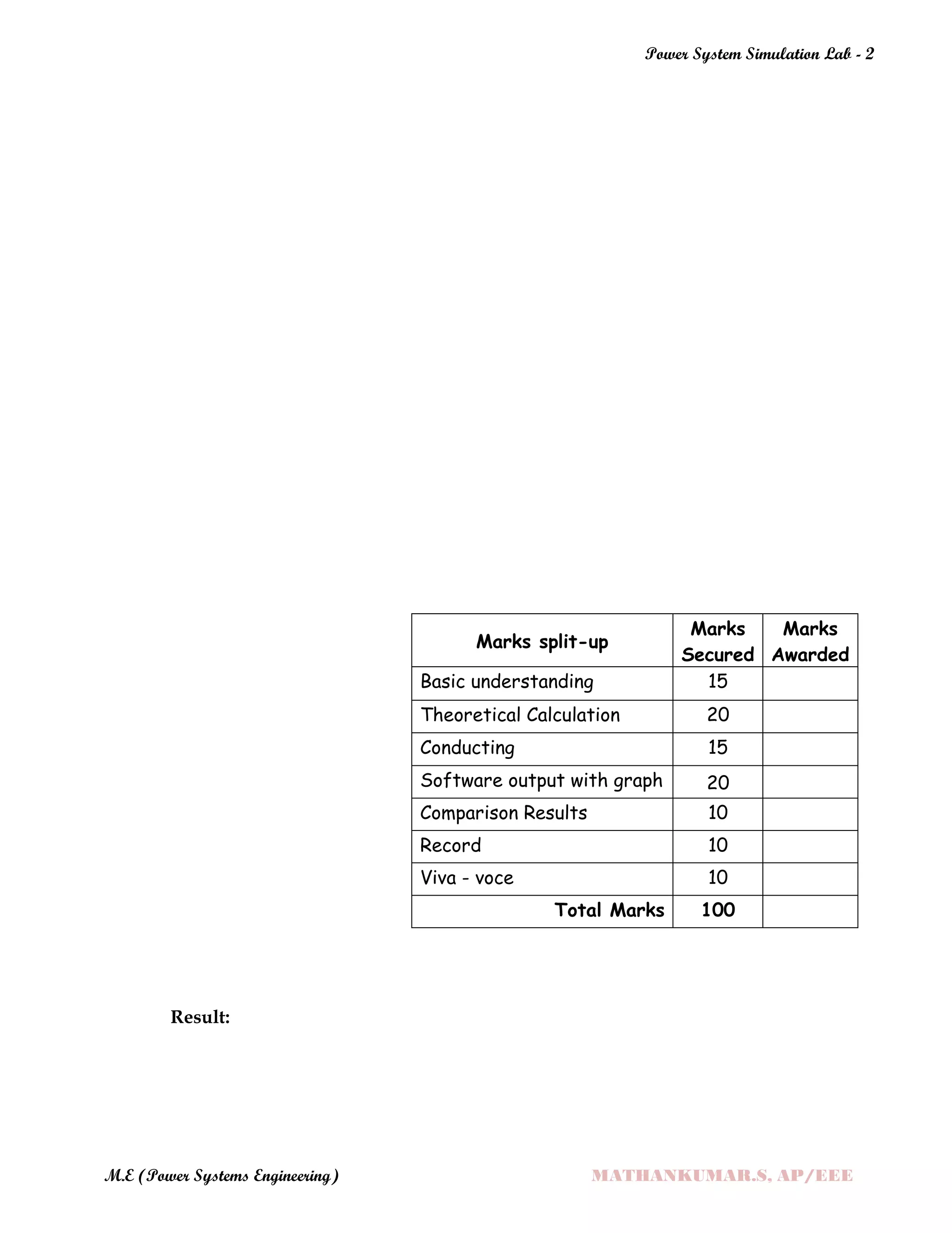 POWER SYSTEM SIMULATION - 2 LAB MANUAL (ELECTRICAL ENGINEERING - POWER ...