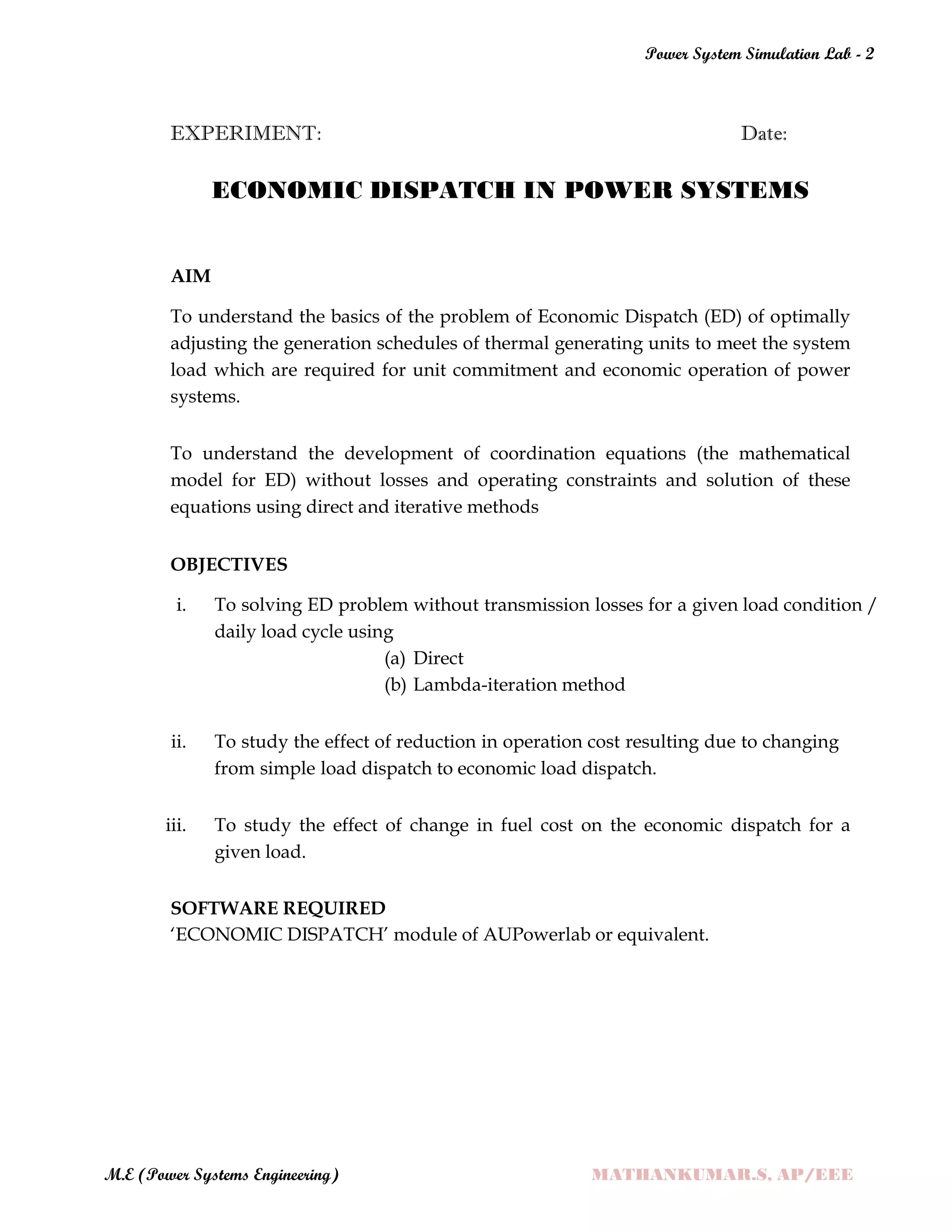 POWER SYSTEM SIMULATION - 2 LAB MANUAL (ELECTRICAL ENGINEERING - POWER ...