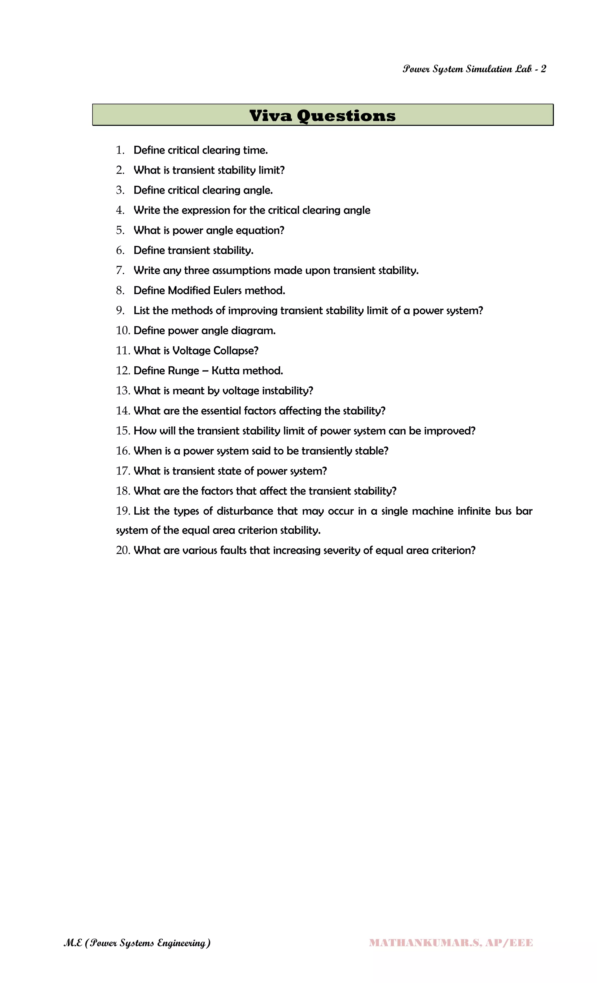 POWER SYSTEM SIMULATION - 2 LAB MANUAL (ELECTRICAL ENGINEERING - POWER ...
