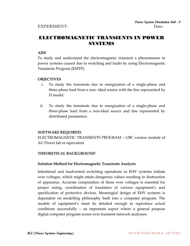POWER SYSTEM SIMULATION - 2 LAB MANUAL (ELECTRICAL ENGINEERING - POWER ...