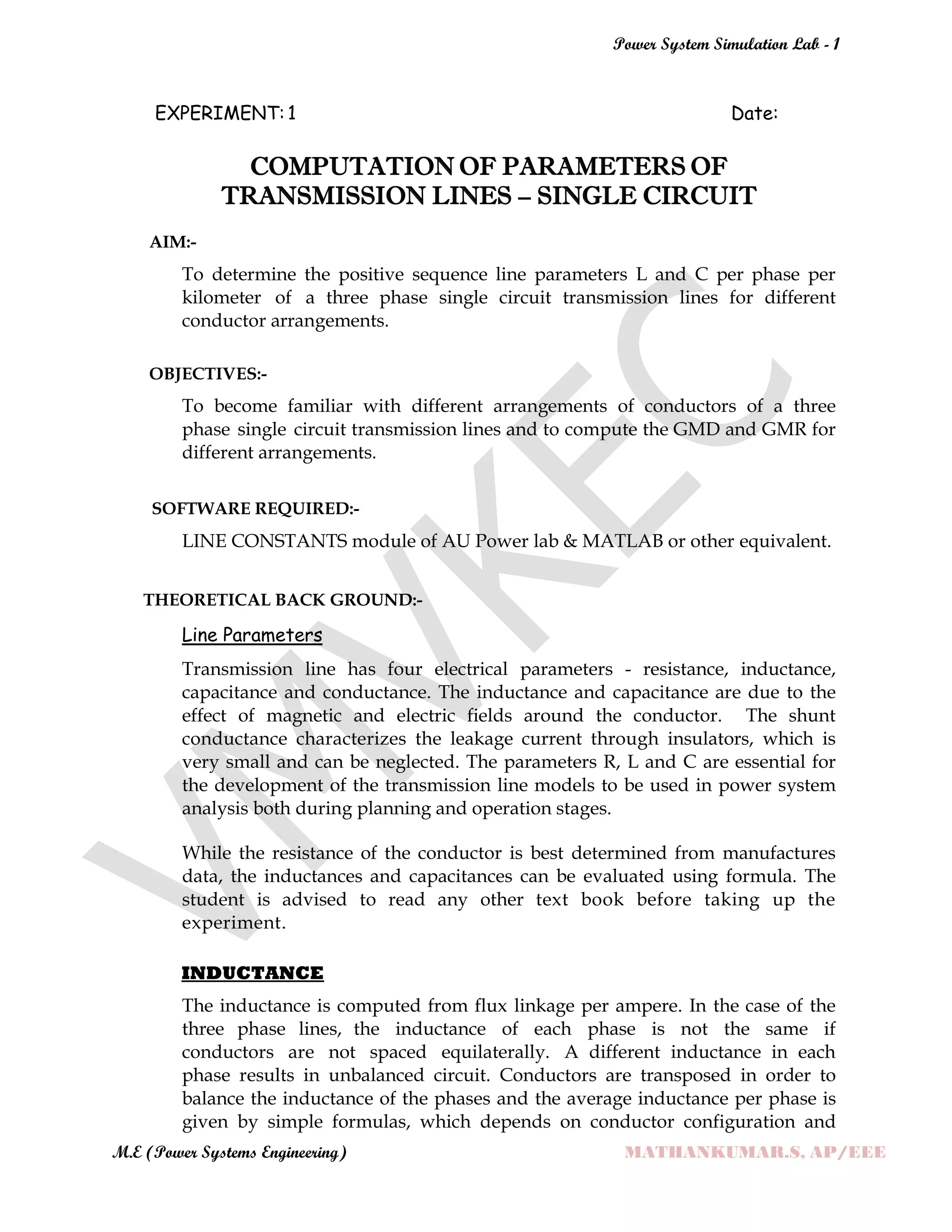 POWER SYSTEM SIMULATION LAB-1 MANUAL (ELECTRICAL - POWER SYSTEM ...