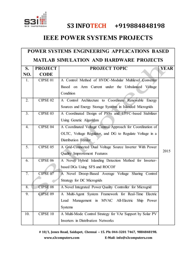 Power sytems ieee 2015 2016 projects list-vel | PDF