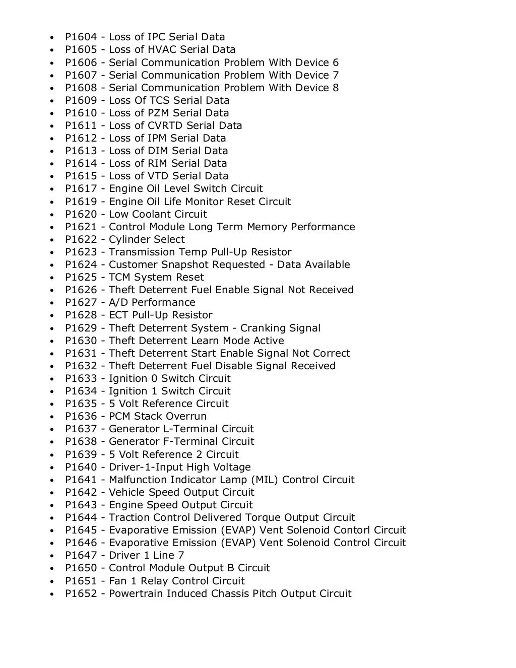 Powertrain Codes DTC list
