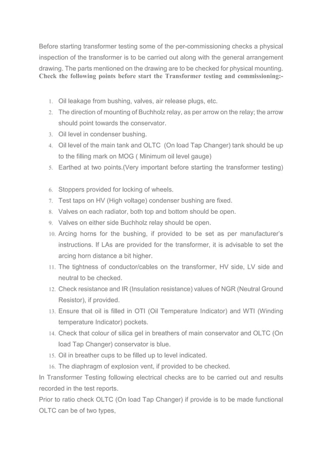 Power Transformer Testing And Commissioning Guidelines R Pdf Automotive