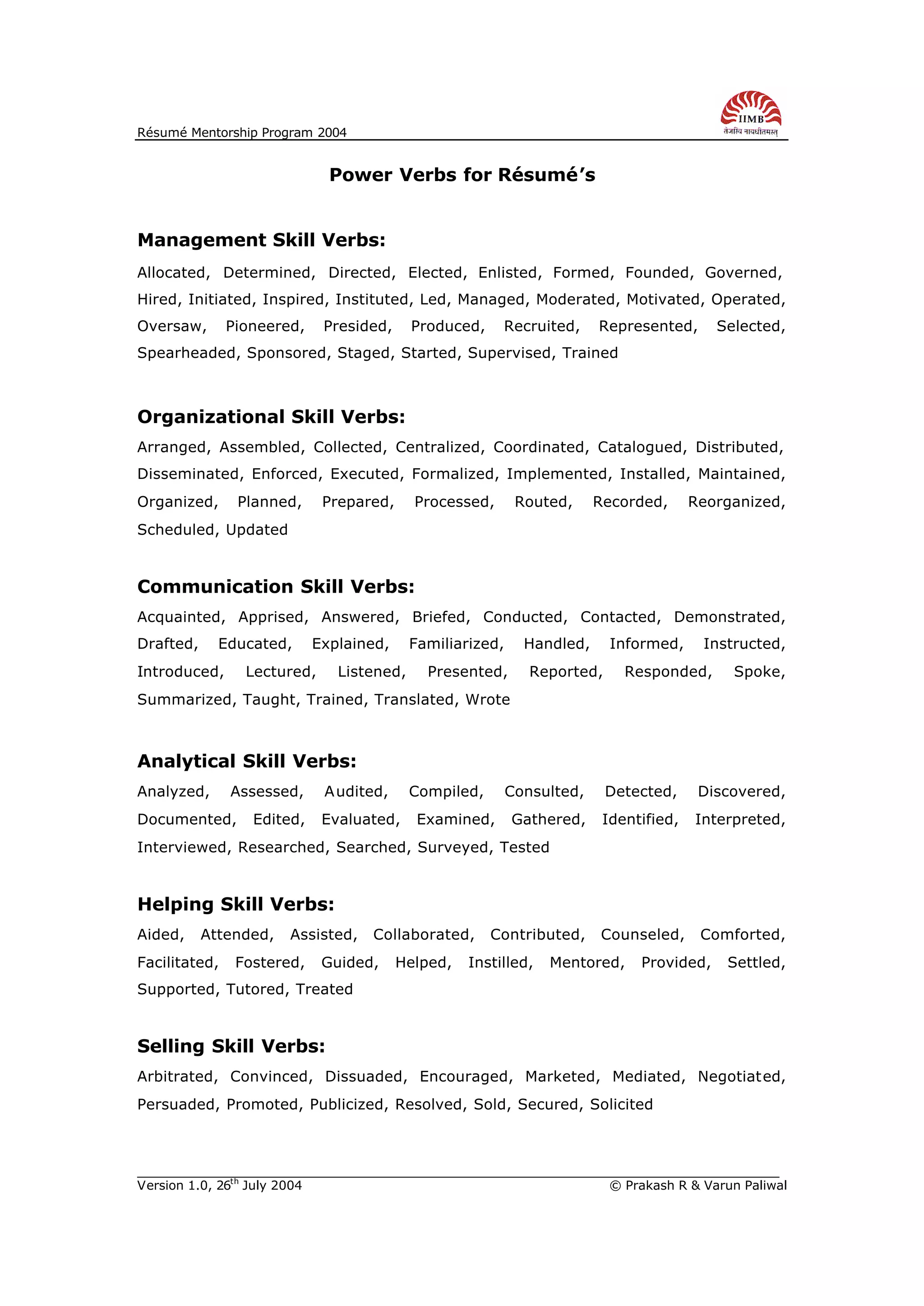 Power Verbs to be used in Resume | PDF